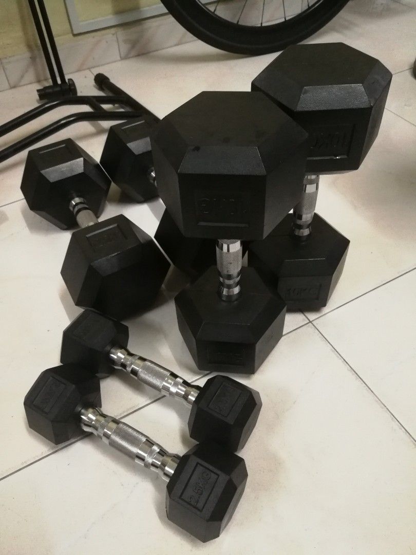 Hexagon Dumbbell, Hex Rubber Dumbbell with Contoured Chrome Steel ...