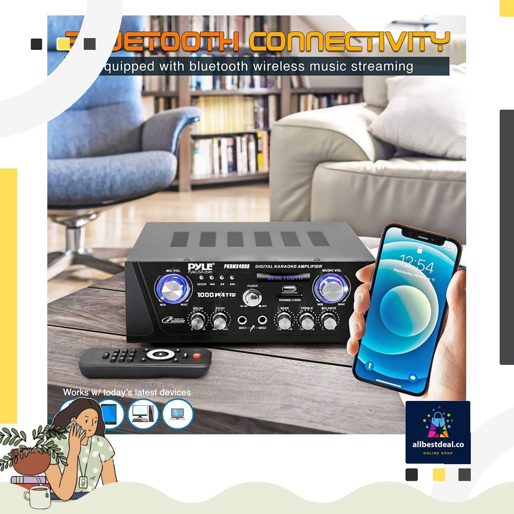 PyleUsa Bluetooth Digital Home Karaoke Amplifier - 600W Home Audio Desktop Power Amplifier ...