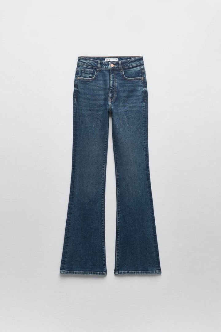 Zara Z1975 extra long flare high rise jeans denim pants, Fesyen Wanita ...