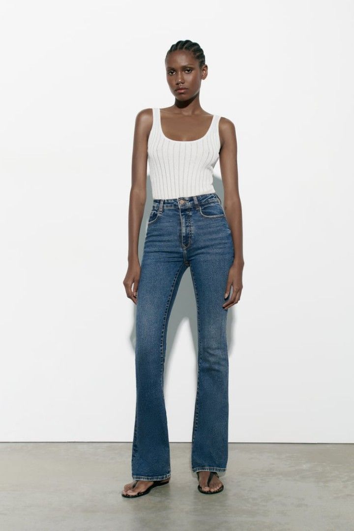 Zara Z1975 extra long flare high rise jeans denim pants, Fesyen Wanita ...