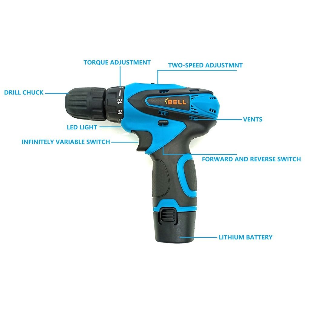 Bell 12v Electric Drill Cordless Screwdriver Lithium Battery Drill