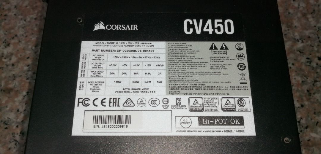 CORSAIR CV450 PSU (450W PSU), Computers & Tech, Parts & Accessories ...