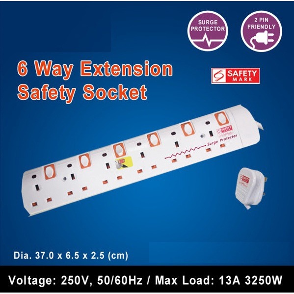 HOYO 2 Way to 6 Way Extension Socket with Safety Mark 6 Meter (2 pin ...