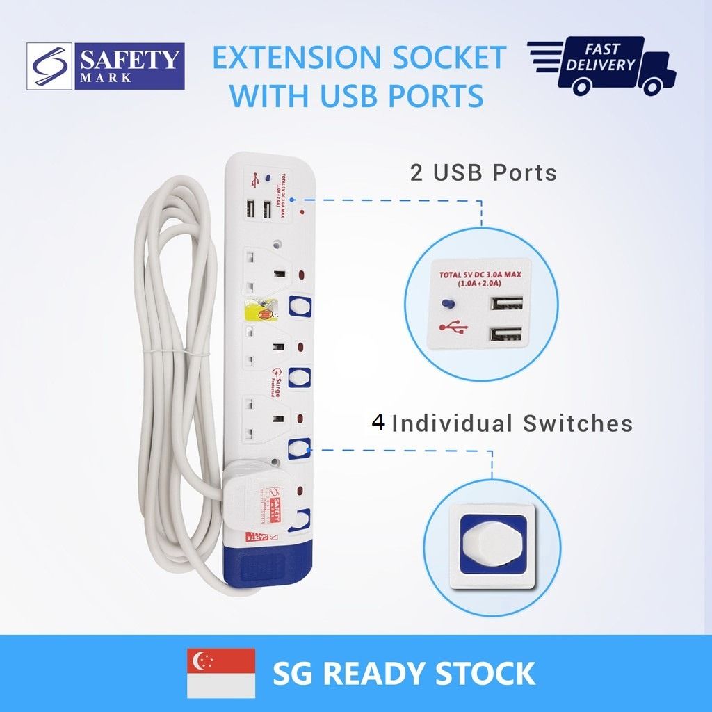 HOYO 4 & 6 ways extension power socket with 2 USB ports 3M, TV & Home ...