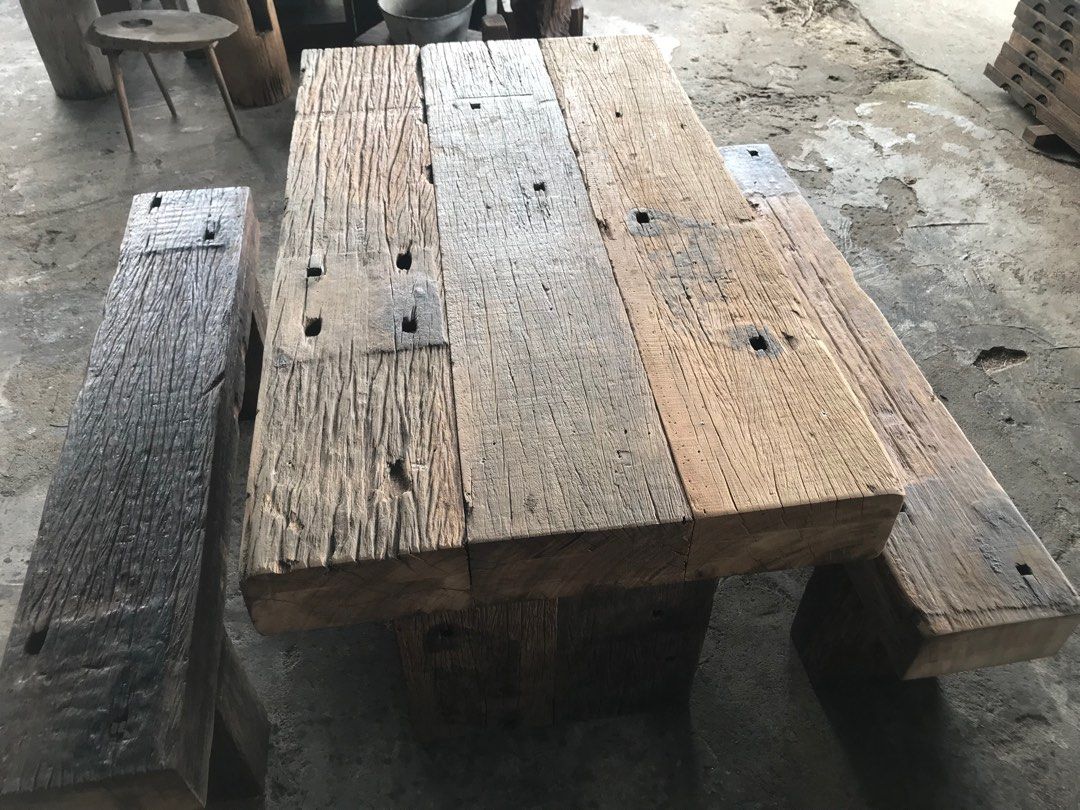 Meja kerusi kayu balau rustic, Furniture & Home Living, Outdoor ...