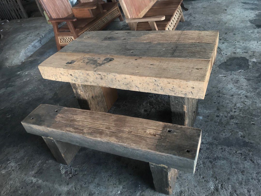Meja kerusi kayu balau rustic, Furniture & Home Living, Outdoor ...