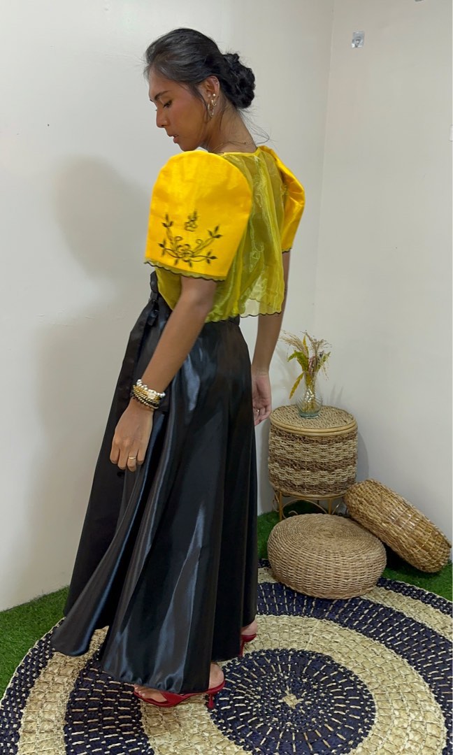 Modern Filipiniana Yellow Bolero and Black Skirt Set, Women's Fashion ...