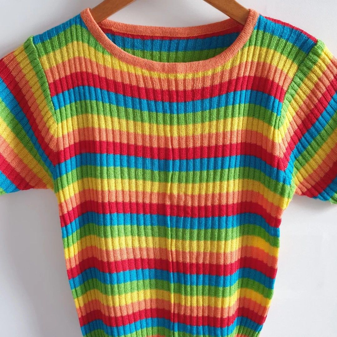 Rainbow knit crop, Fesyen Wanita, Pakaian Wanita, Atasan di Carousell