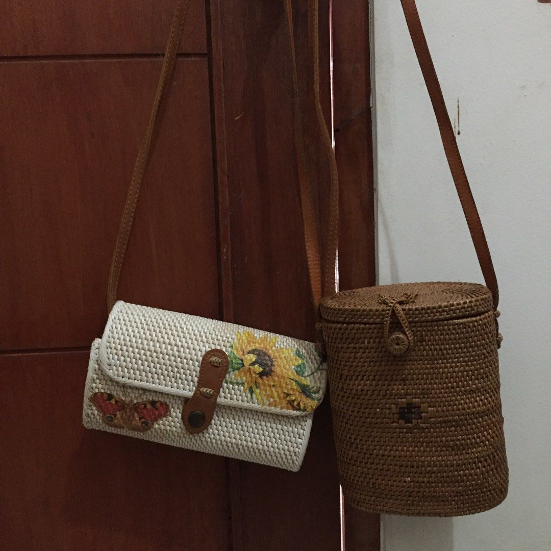 Tas Anyaman putih lukis white rattan sling bag, Fesyen Wanita, Tas ...