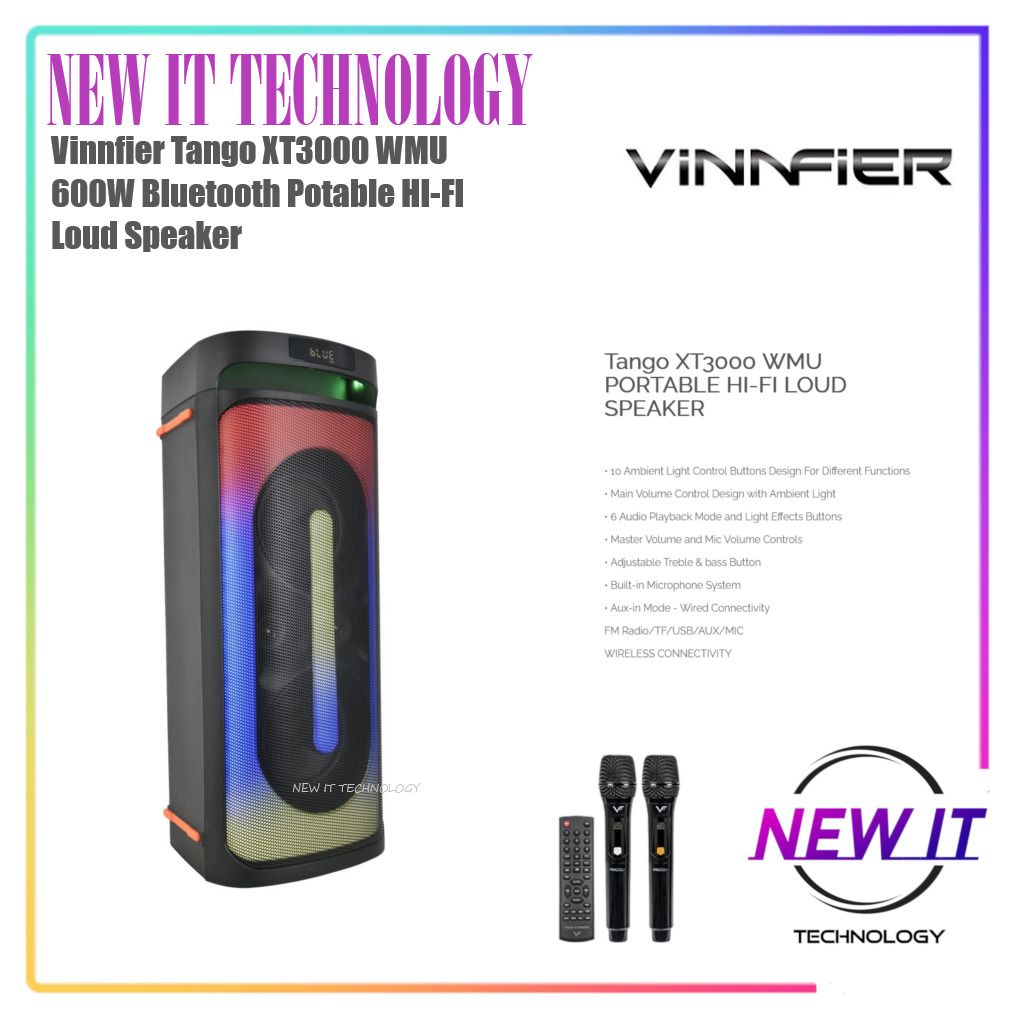 Vinnfier Tango XT3000 WMU 600W Bluetooth Potable HI-FI Loud Speaker PartyBox Karaoke Speaker FM ...