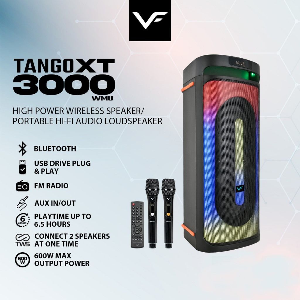 Vinnfier Tango XT3000 WMU 600W Bluetooth Potable HI-FI Loud Speaker PartyBox Karaoke Speaker FM ...