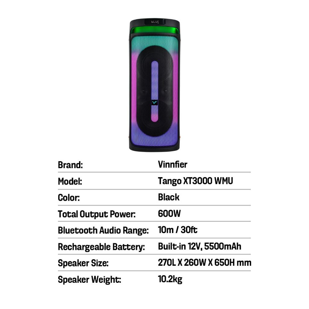 Vinnfier Tango XT3000 WMU 600W Bluetooth Potable HI-FI Loud Speaker PartyBox Karaoke Speaker FM ...