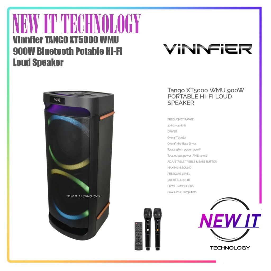 Vinnfier TANGO XT5000 WMU 900W Bluetooth Potable HI-FI Loud Speaker PartyBox Karaoke Speaker FM ...