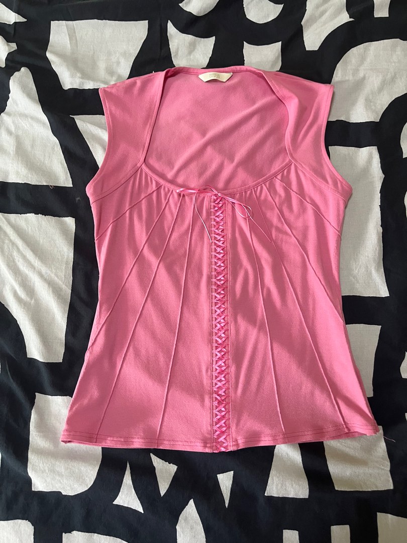 Vintage Pink Corset top vest Barbie Collette ribbon dollette self tie ...