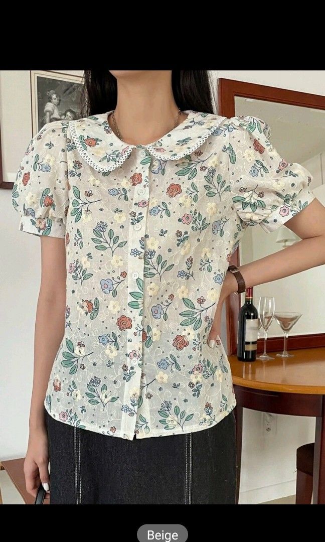 dazy floral embroidery button down peter pan collar puff sleeve blouse top beige, Women's ...