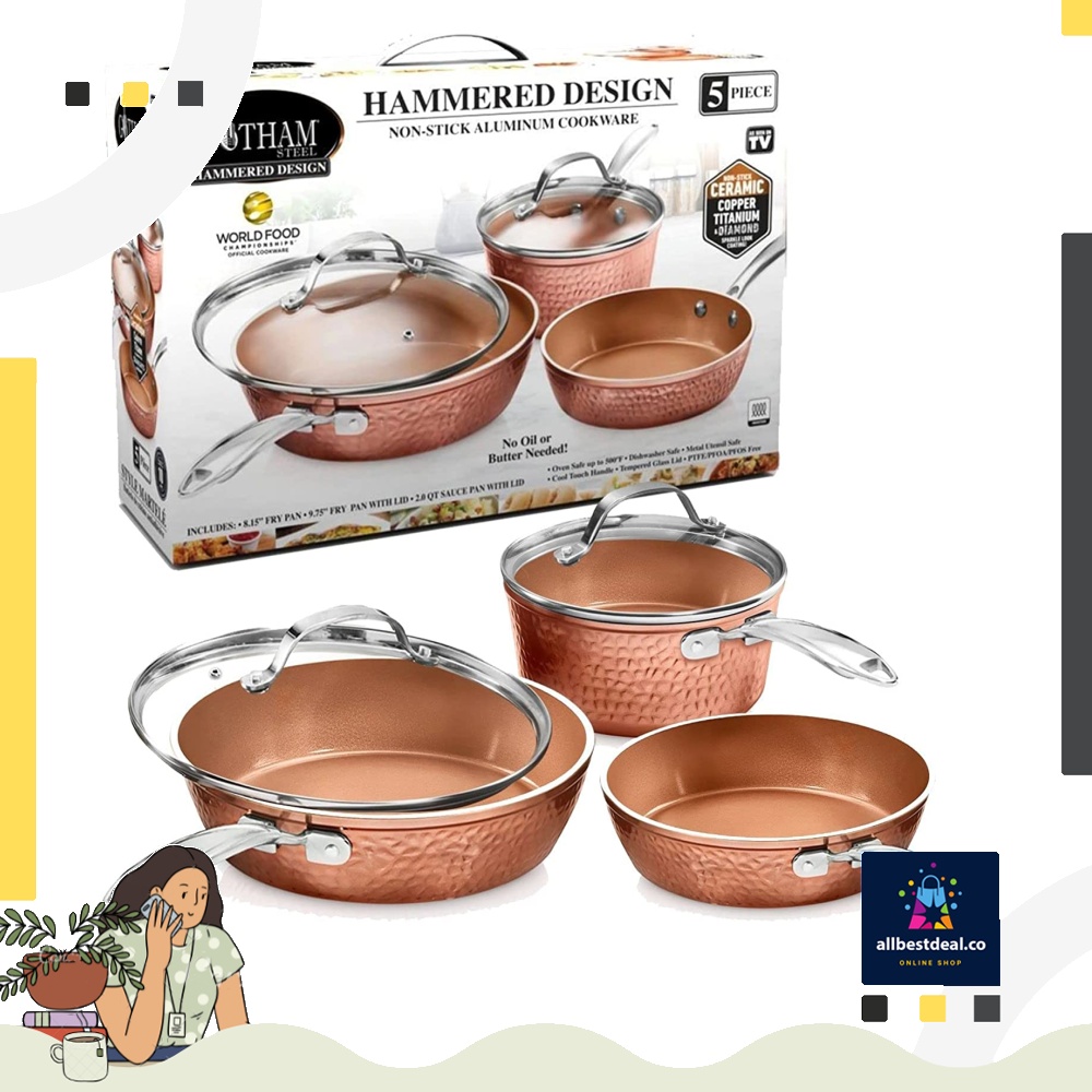 GOTHAM STEEL Premium Hammered Cookware Set, Copper, 5 Piece, 2692 ...