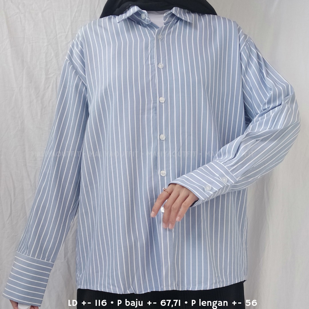 Kemeja salur garis biru putih, Fesyen Wanita, Pakaian Wanita, Atasan di ...