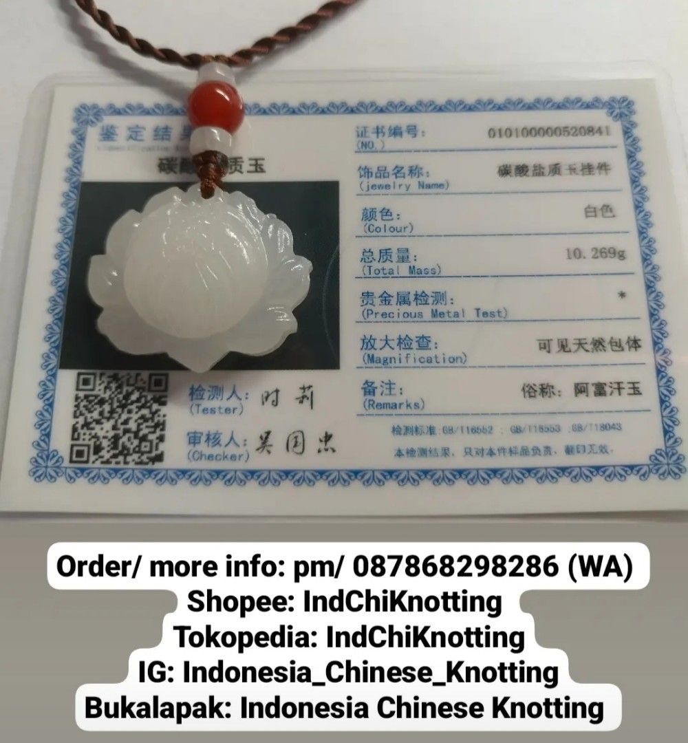 Liontin Giok Lotus Bunga Teratai Kunlun Jade Natural Asli Bersertifikat ...