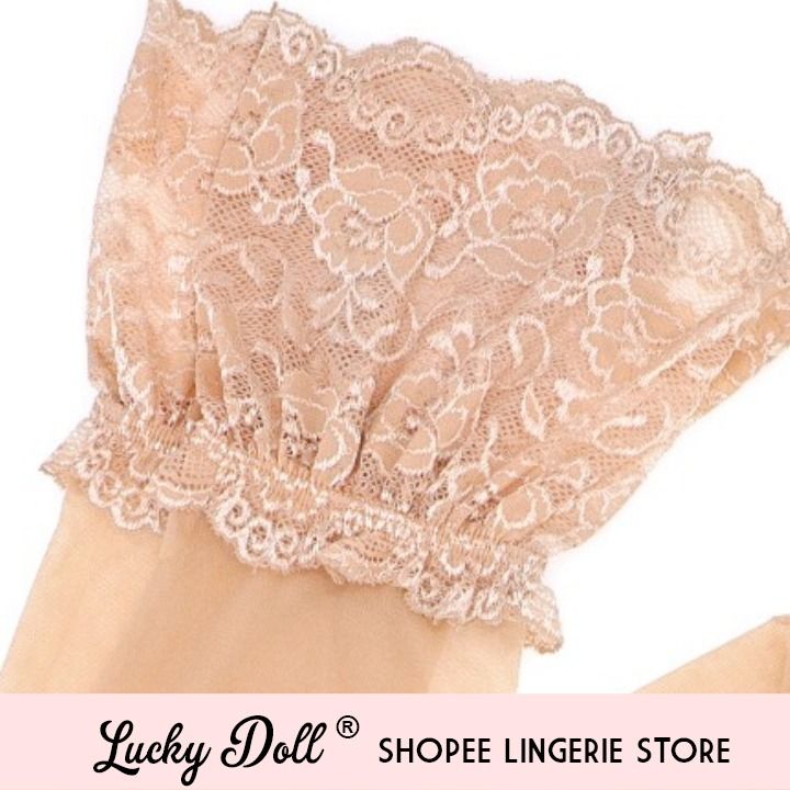 Lucky Doll® Beige Nude Wide lace top Sheer Nylon Seethorugh Silky ...
