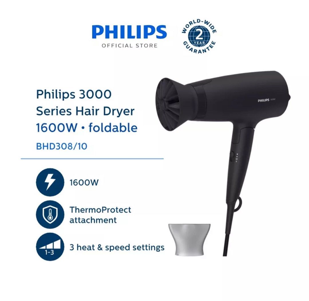 Philips 3000 Series Hair Dryer, 1600W Foldable BHD308/10, Beauty & Personal Care, Hair on Carousell