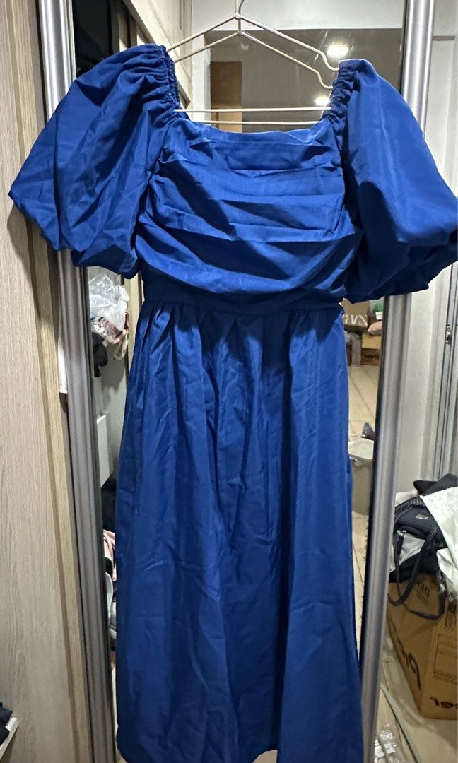 Royal Blue Puff Sleeves Midi dress, Women's Fashion, Dresses & Sets ...