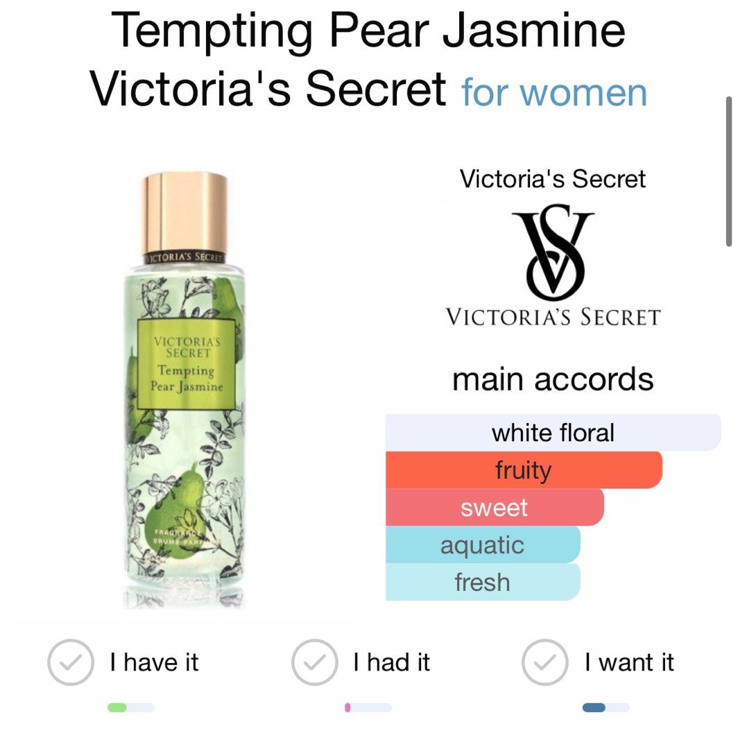 Tempting pear jasmine VS Body mist, Beauty & Personal Care, Fragrance ...