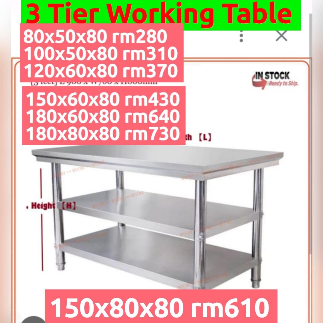 Working table 3 tier 3tingkat Meja stainless steel, Furniture & Home ...