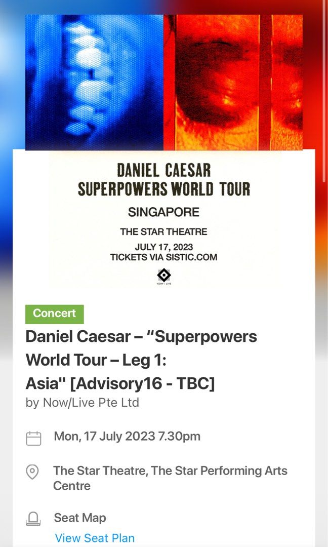 WTS: Daniel Caesar 2X (side by side) CAT2 tickets (middle zone), Tickets & Vouchers, Event ...