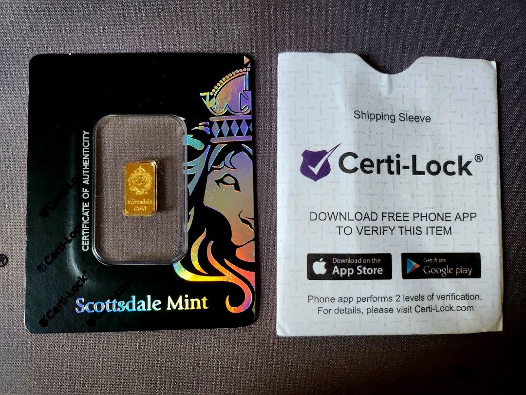1 gram Gold Bar - Scottsdale Mint (In Certi-Lock® Assay, Black), Furniture & Home Living, Home ...