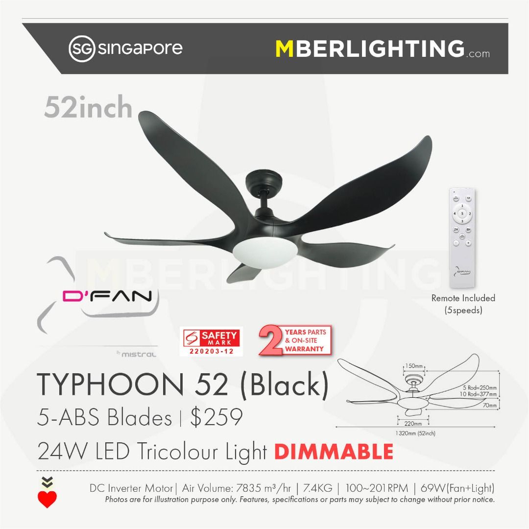 D'FAN Typhoon 52inch DC Ceiling Fan with 24W Dimmable LED Light ...