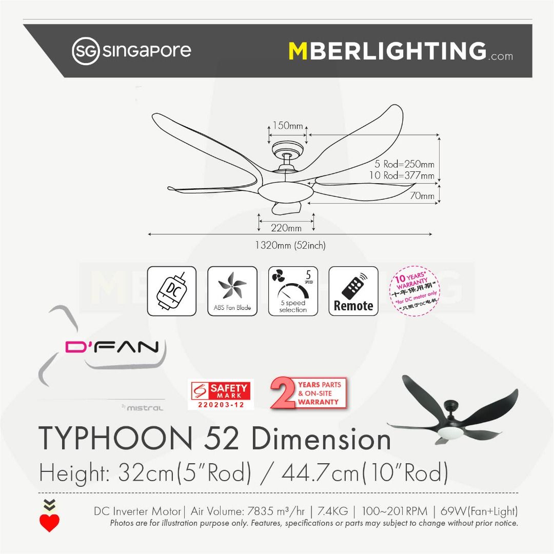 D'FAN Typhoon 52inch DC Ceiling Fan with 24W Dimmable LED Light ...