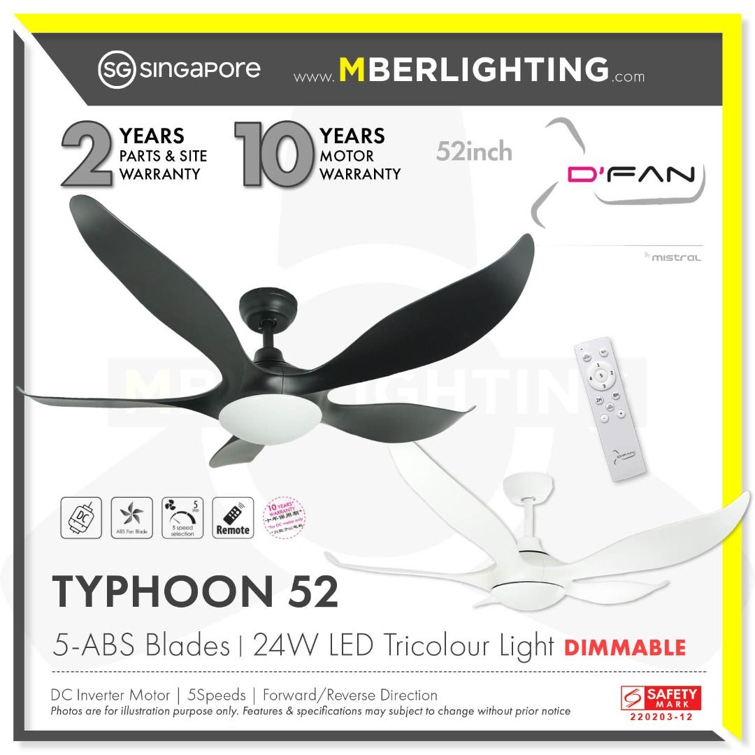 D'FAN Typhoon 52inch DC Ceiling Fan with 24W Dimmable LED Light ...