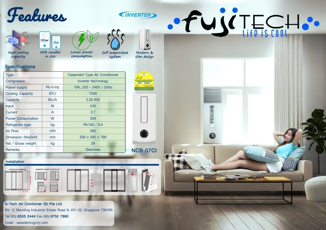 Fujitech Inverter Casement Aircon 7500BTU NCB-07CI on Carousell
