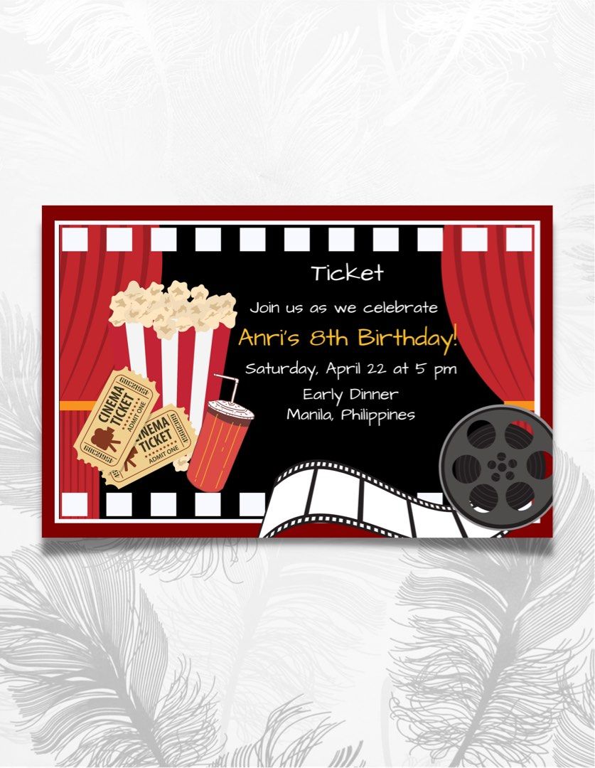 Invitation card, cinema themed invitation card, movie themed invitation ...