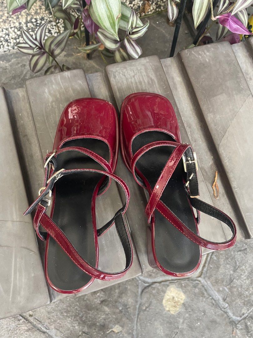 Cherry Red Square Toe Slingback Pumps, Women's Fashion, Footwear, Heels ...