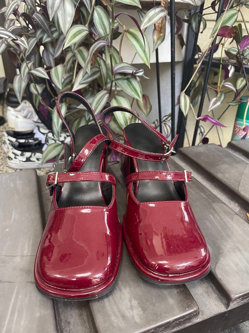 Cherry Red Square Toe Slingback Pumps, Women's Fashion, Footwear, Heels ...