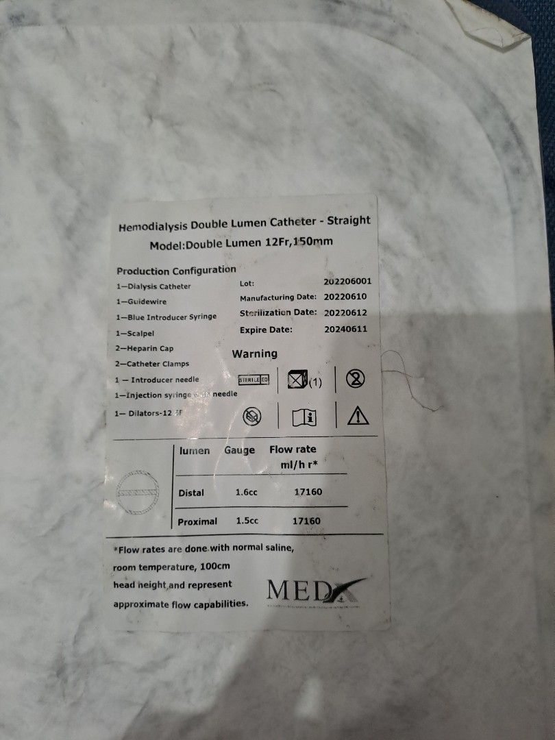 IJ CATHETER DOUBLE LUMEN FR12, Health & Nutrition, Medical Supplies ...