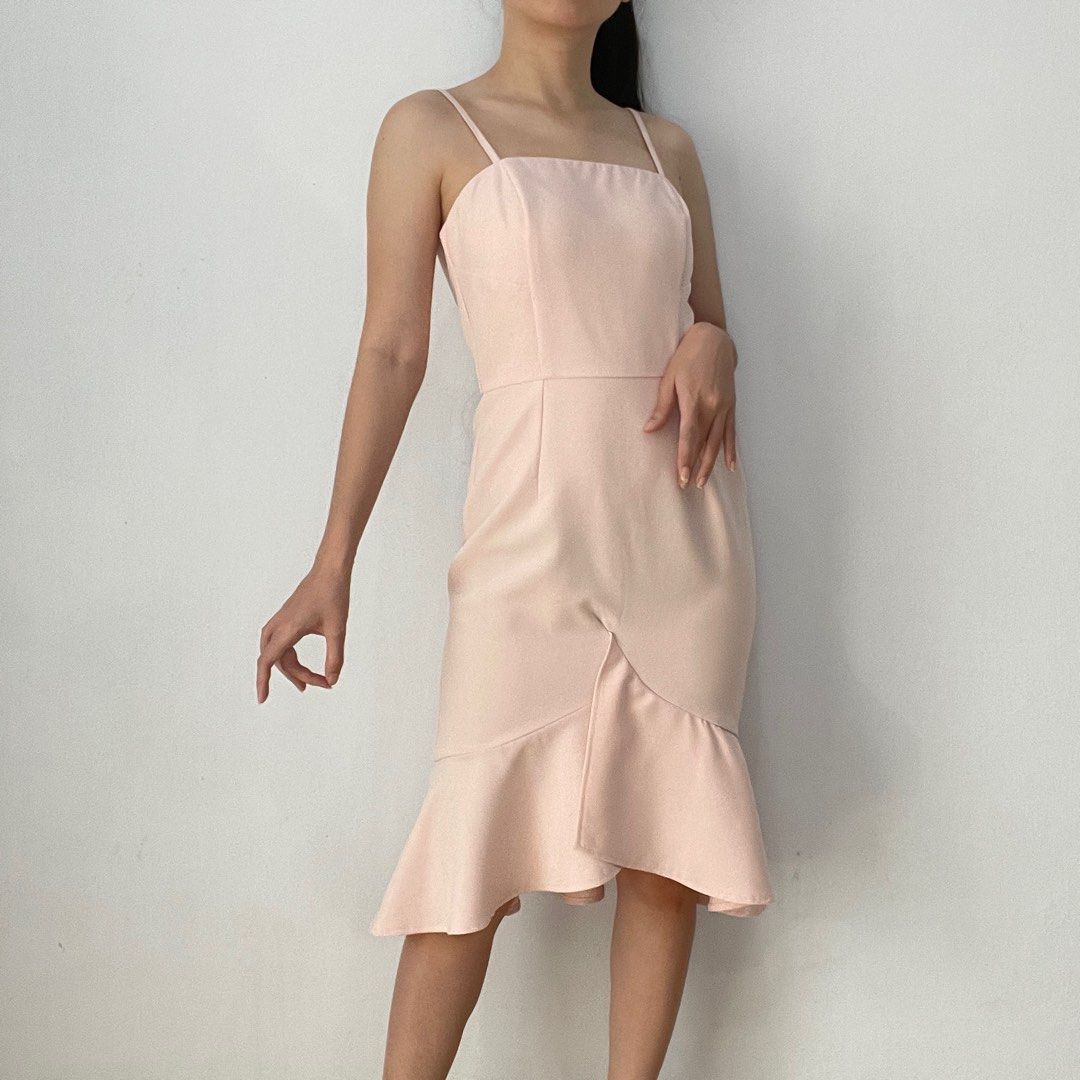 mds Baby Pink Dusty Mermaid Hem Ruffle Cami Midi Dress Party Sexy One Strap Beach Split Terusan ...