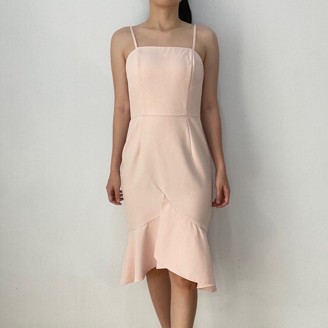 mds Baby Pink Dusty Mermaid Hem Ruffle Cami Midi Dress Party Sexy One Strap Beach Split Terusan ...