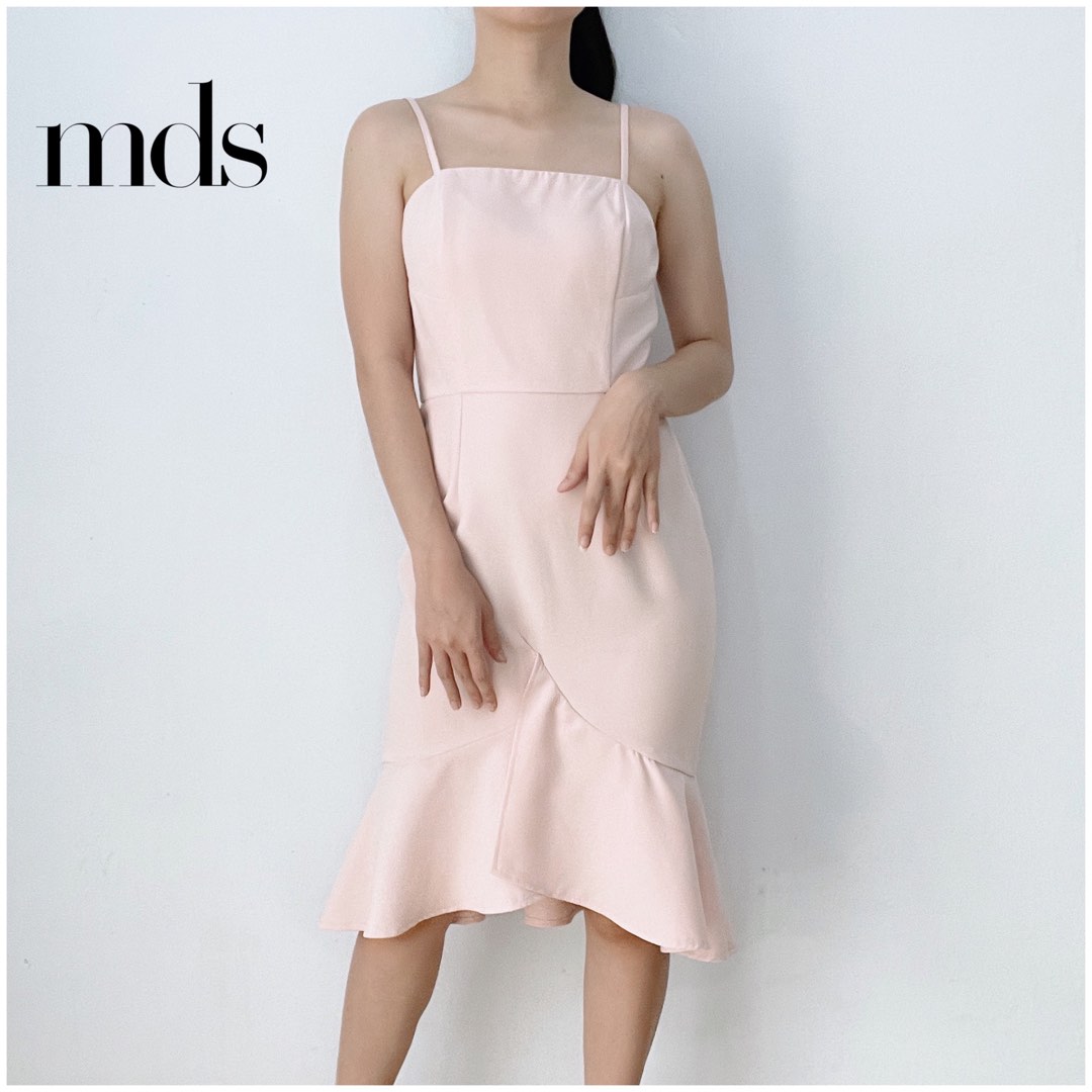mds Baby Pink Dusty Mermaid Hem Ruffle Cami Midi Dress Party Sexy One Strap Beach Split Terusan ...