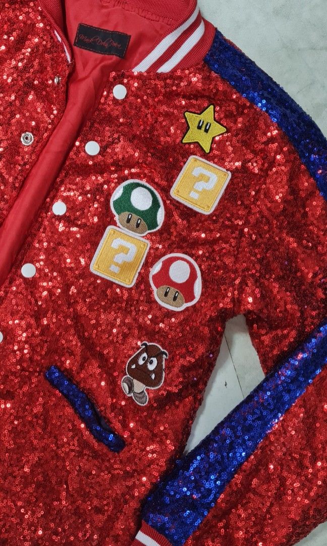 Sequined Varsity style jacket with super mario cast patches, Men's ...