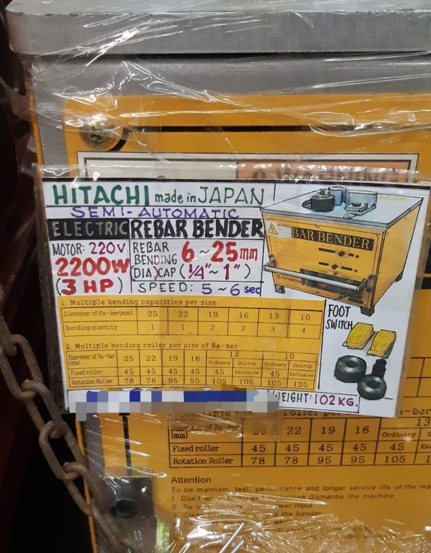 3HP HITACHI JAPAN SEMI AUTOMATIC Electric REBAR BAR BENDER 204K ...