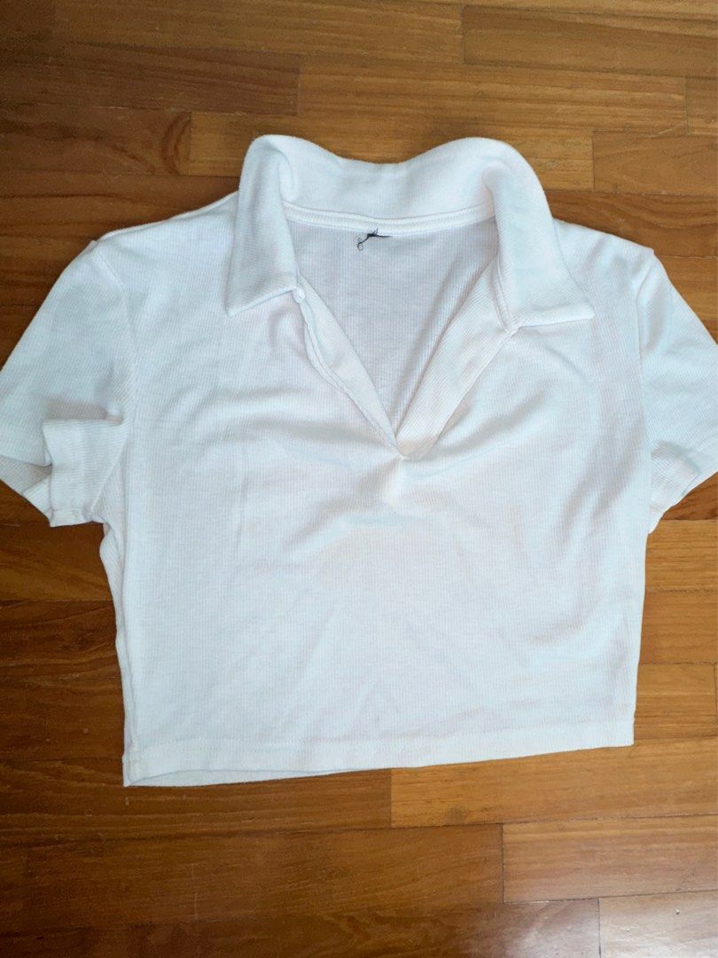 basic white collared crop top, Women's Fashion, Tops, Shirts on Carousell