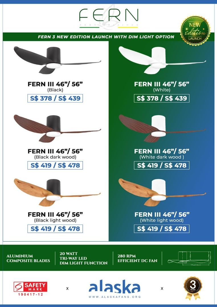 [DELIVERY/INSTALLATION]* Alaska Fern 46"/56" DC Fan / With LED 3-Tone ...