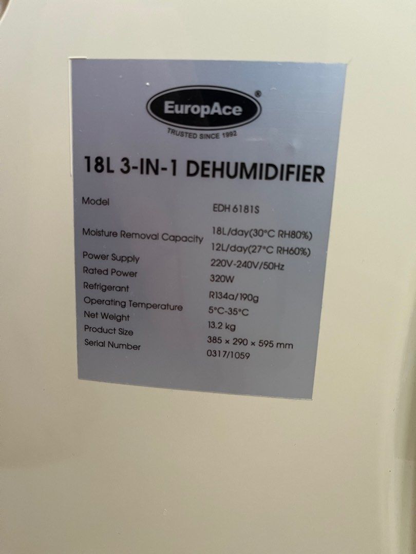EuropAce 18L 3-IN-1 Dehumidifier, TV & Home Appliances, Air Purifiers ...
