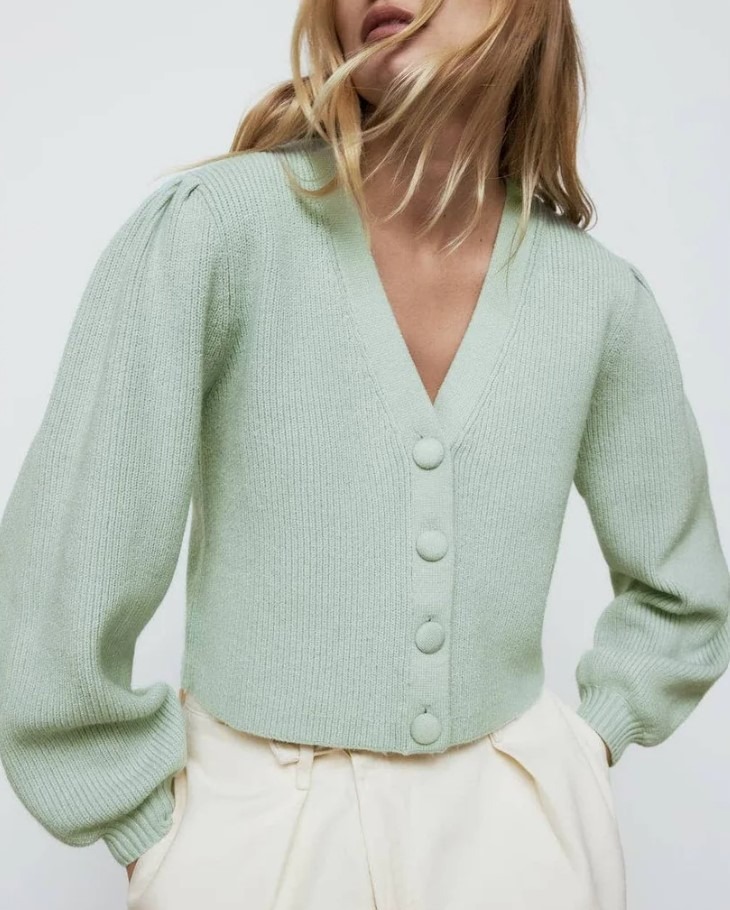 [L] Zara Ribbed Chunky Knit Balloon Sleeve Cardigan in Mint Green ...