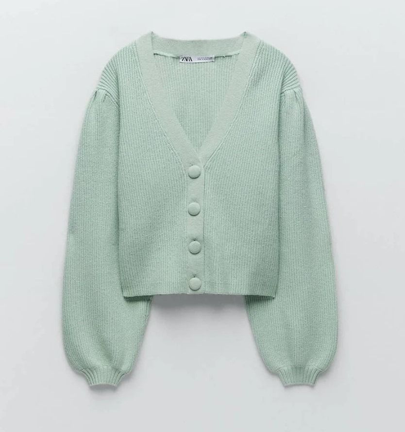[L] Zara Ribbed Chunky Knit Balloon Sleeve Cardigan in Mint Green ...