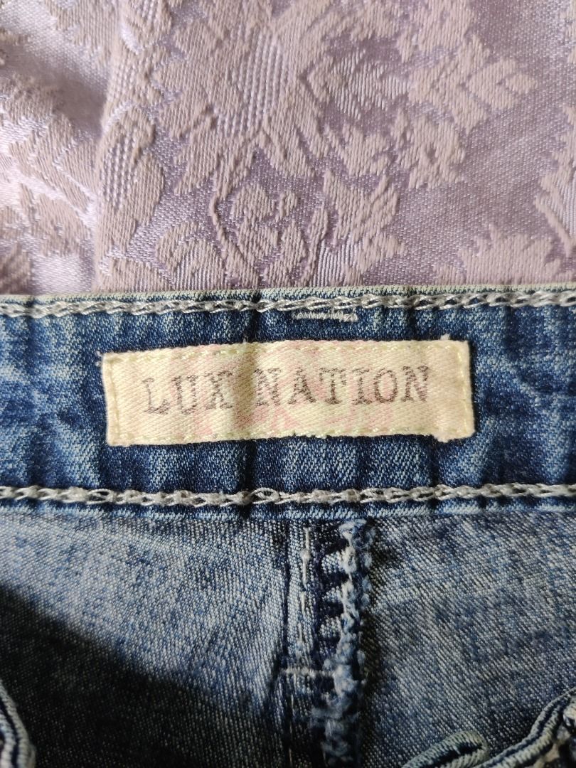 Lux Nation Embroidered And Bedazzled Contrast Stitch Mid Waisted Flared Jeans Y2k Mcbling Grunge