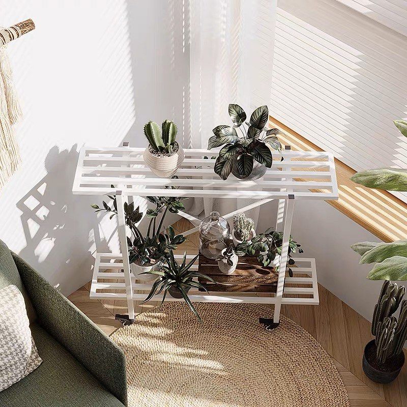 Moveable Plant Stand 2 Tier Plant Rack With Wheels White Stainless ...