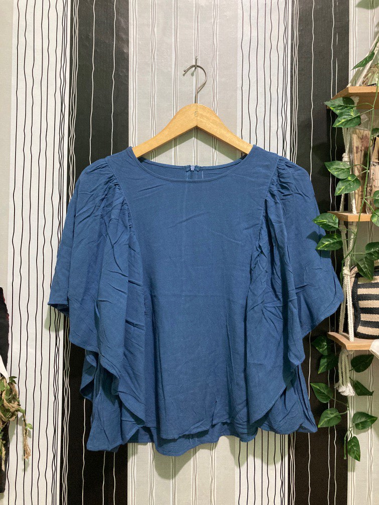 PREMIUM RUFFLE BLOUSE SEMI CROP BATWING RUFFLE BLUE SHADE LAPIS LAZULI ...